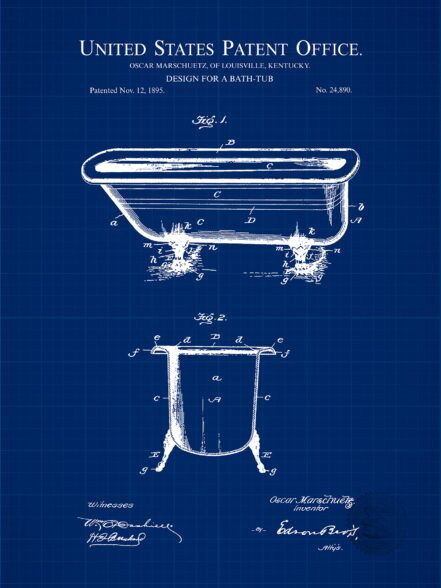 Early Bathtub Design | 1895 Patent Print | Clawfoot Tub
