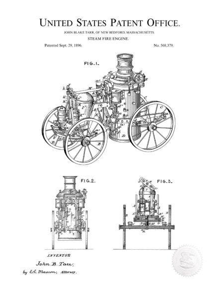 Steam Fire Engine | 1896 Patent Print
