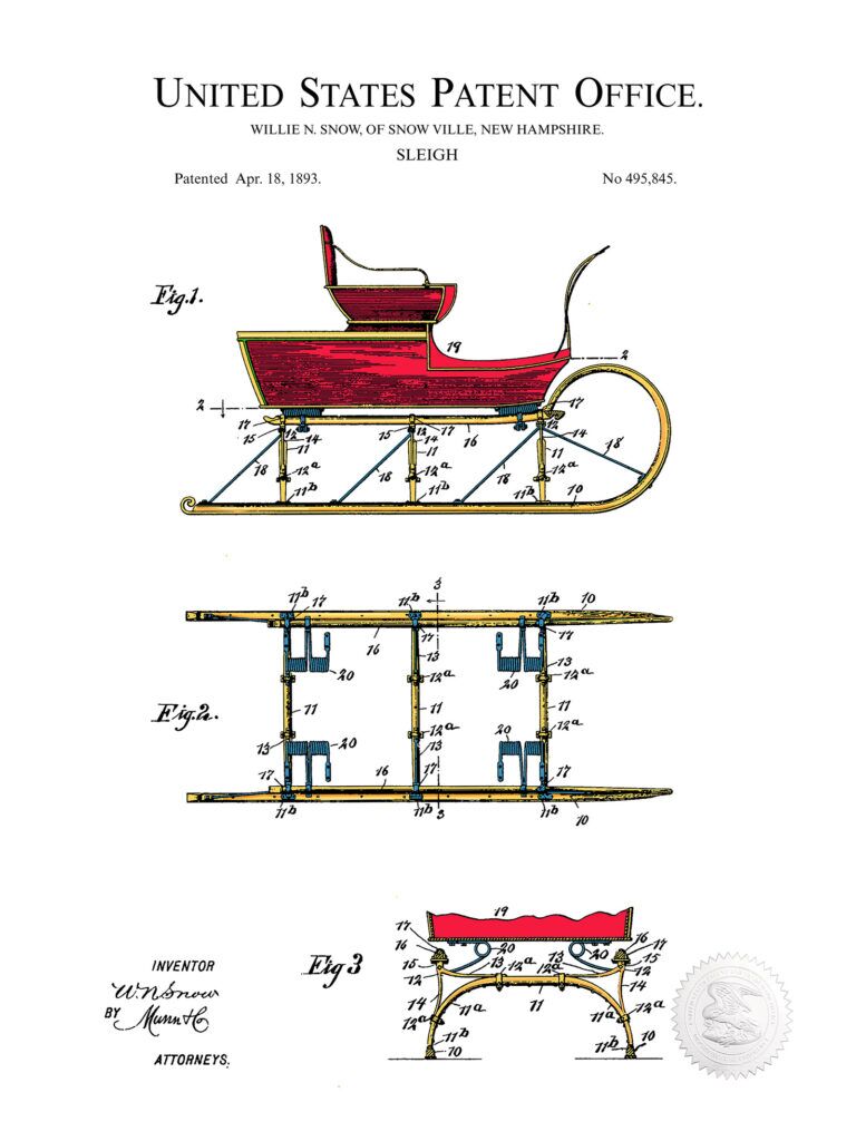 Winter Sleigh | 1893 Patent Print | Christmas Decor