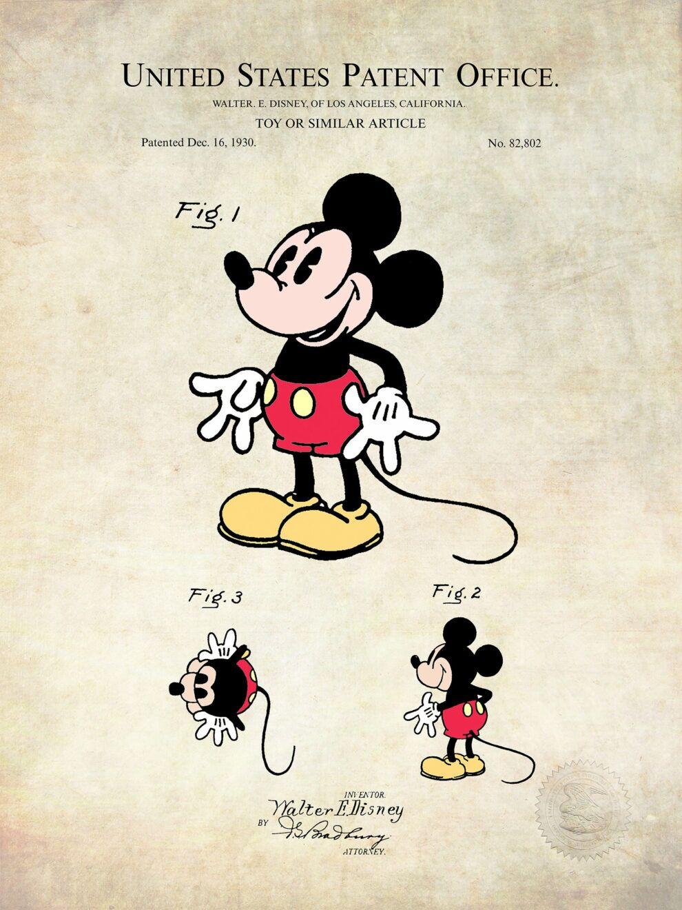 Vintage Mickey Mouse Art | Print of 1930 Walt Disney Patent