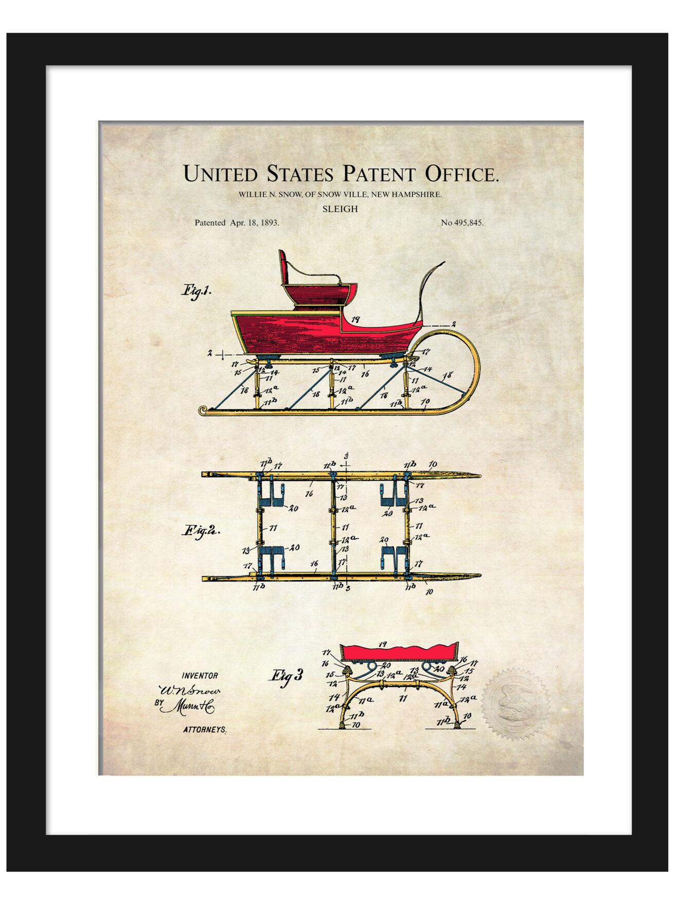 Winter Sleigh | 1893 Patent Print | Christmas Decor
